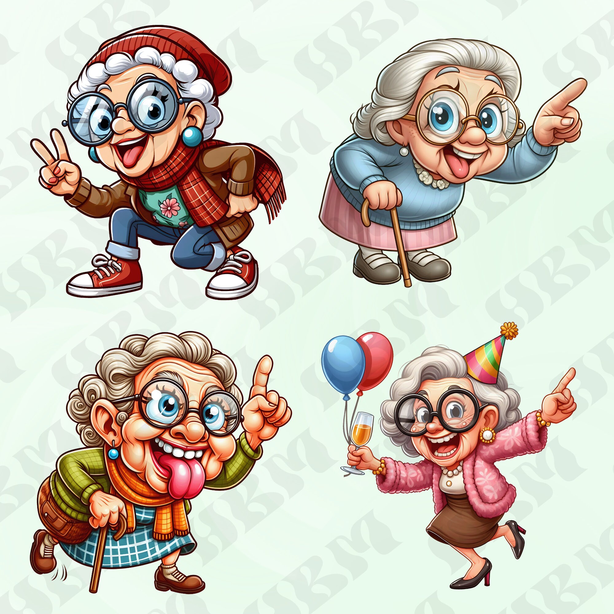 Funny Cartoon Old Ladies Clipart Bundle, Grannie Sticker, Drunk ...