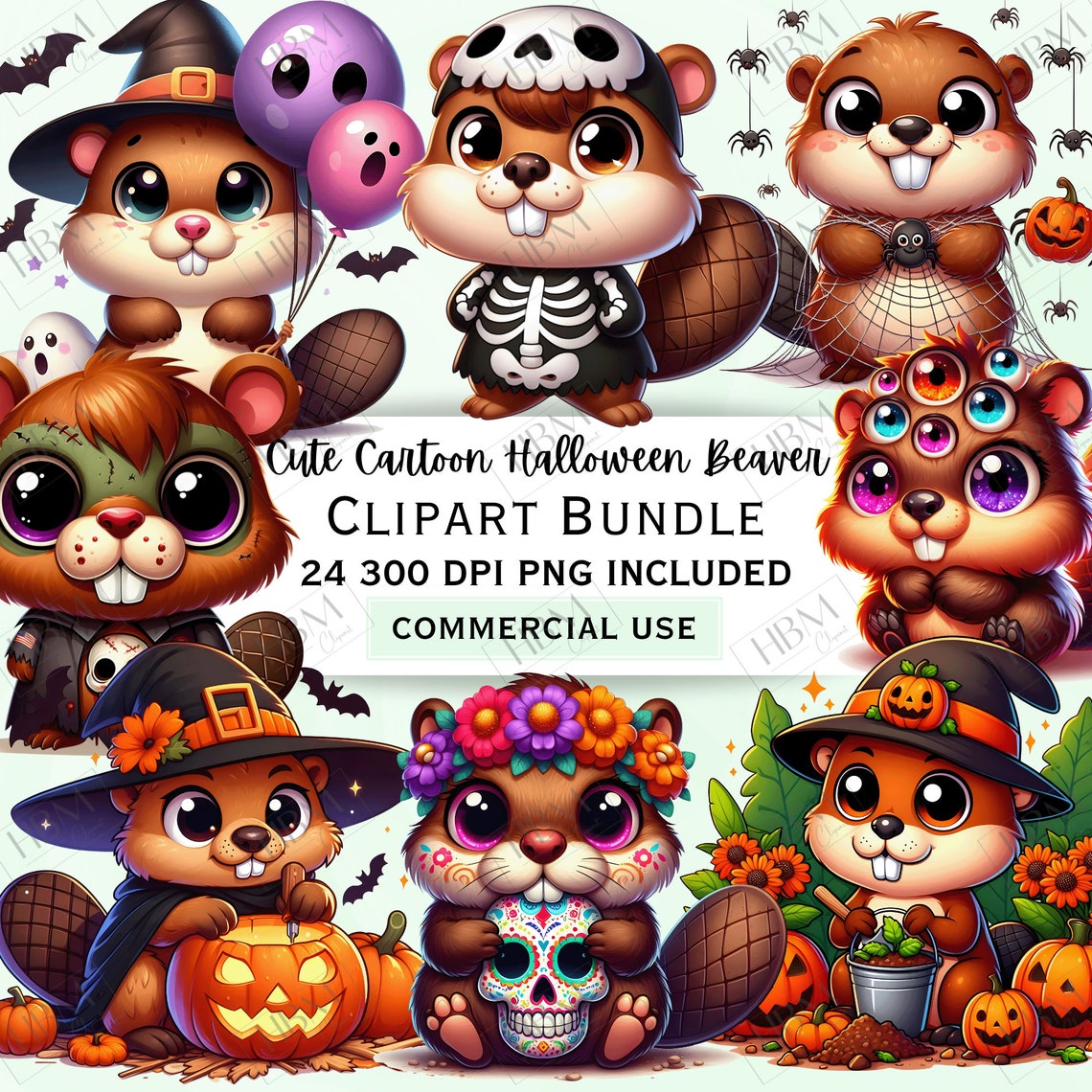 Cute Cartoon Halloween Beaver Clipart Bundle, Spooky Festive Stickers ...
