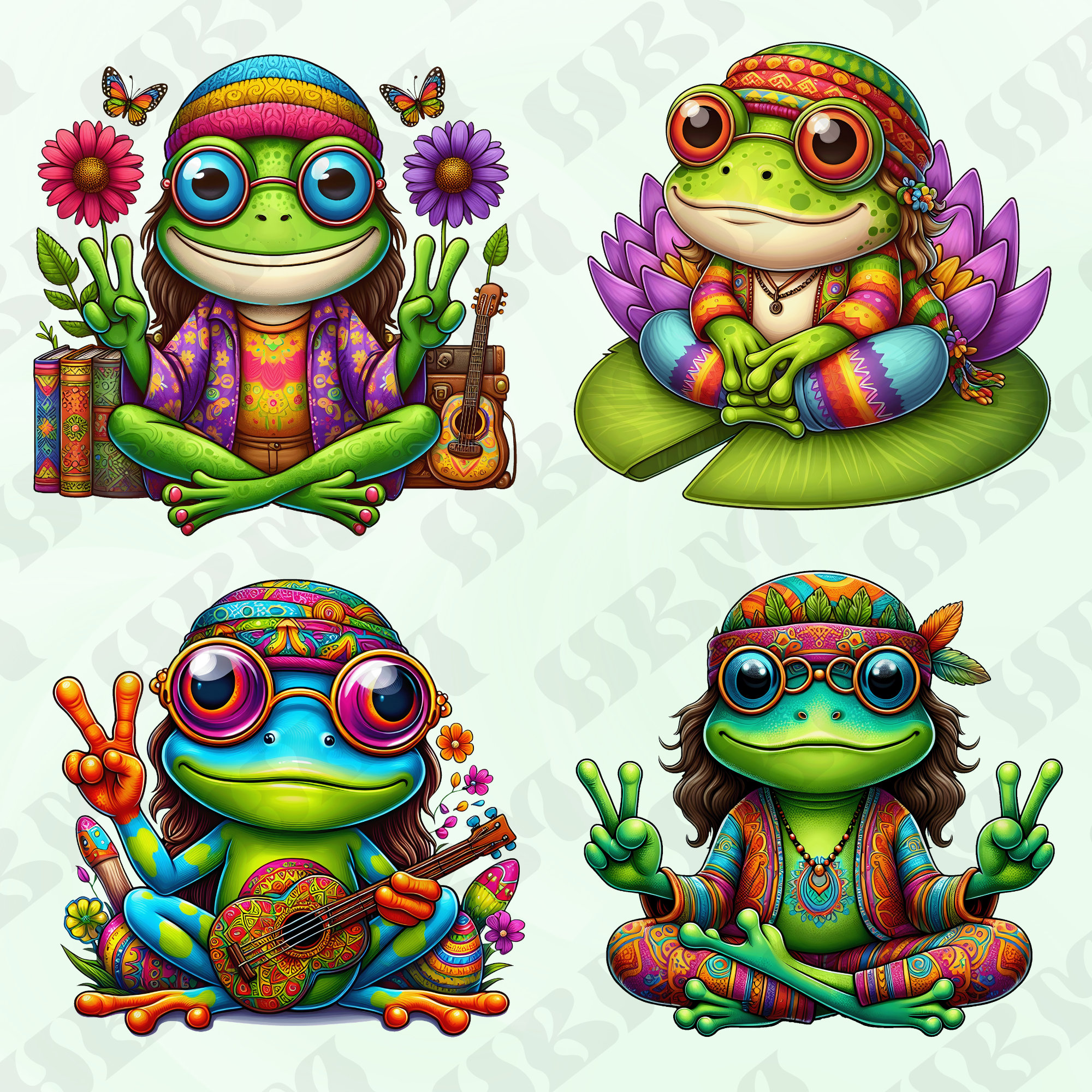 24 Cute Hippie Frogs Clipart Bundle, Tadpole Stickers, Adorable Wall ...