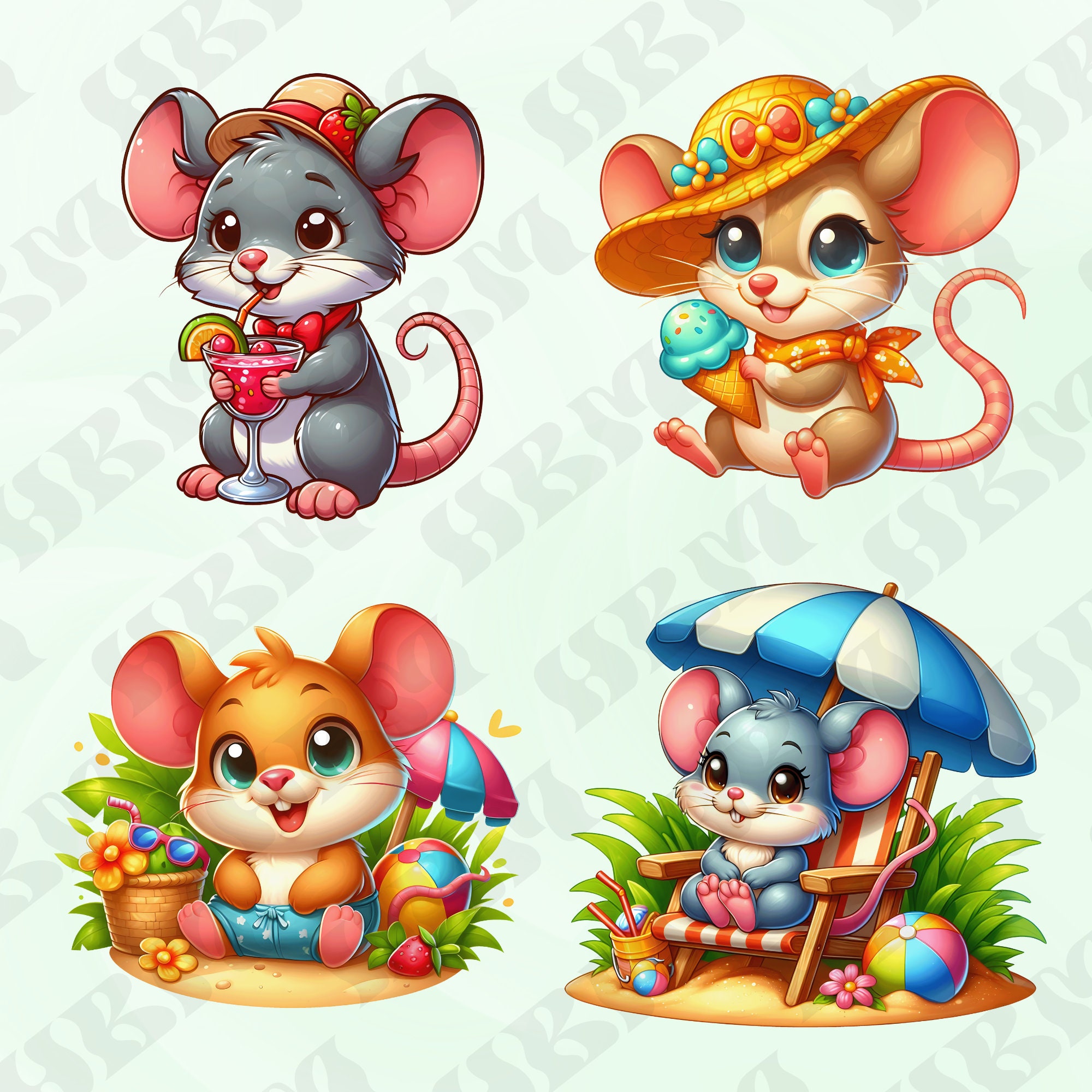Cute Cartoon Mouse Summer Clipart Bundle, Surf Nursery Decor, Beach ...