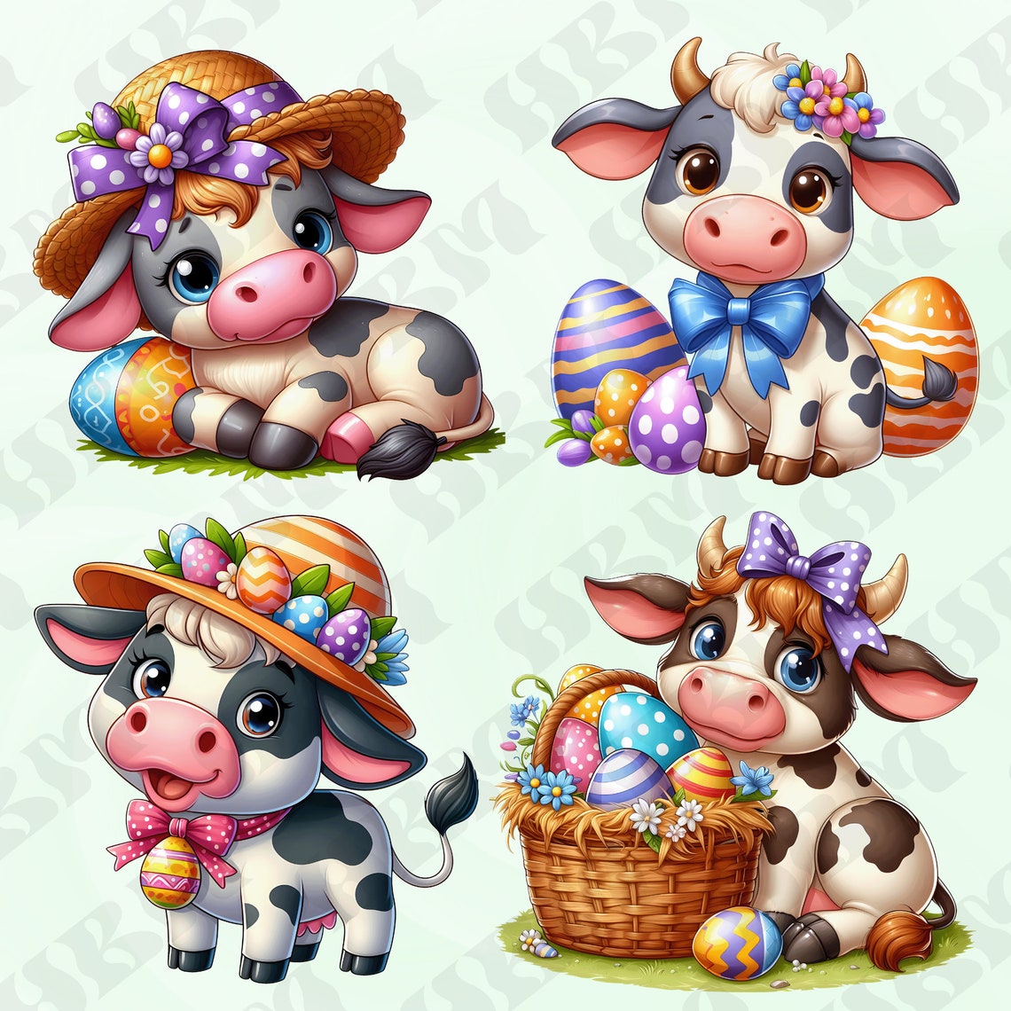 24 Cute Easter Cows Clipart Bundle, Cattle Stickers, Adorable Baby Wall ...