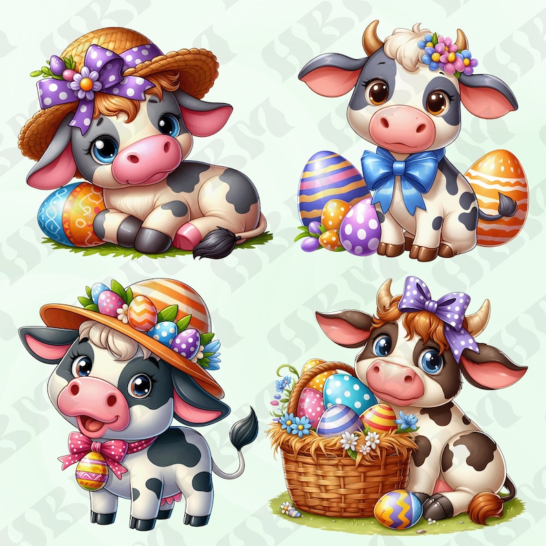 24 Cute Easter Cows Clipart Bundle, Cattle Stickers, Adorable Baby Wall ...