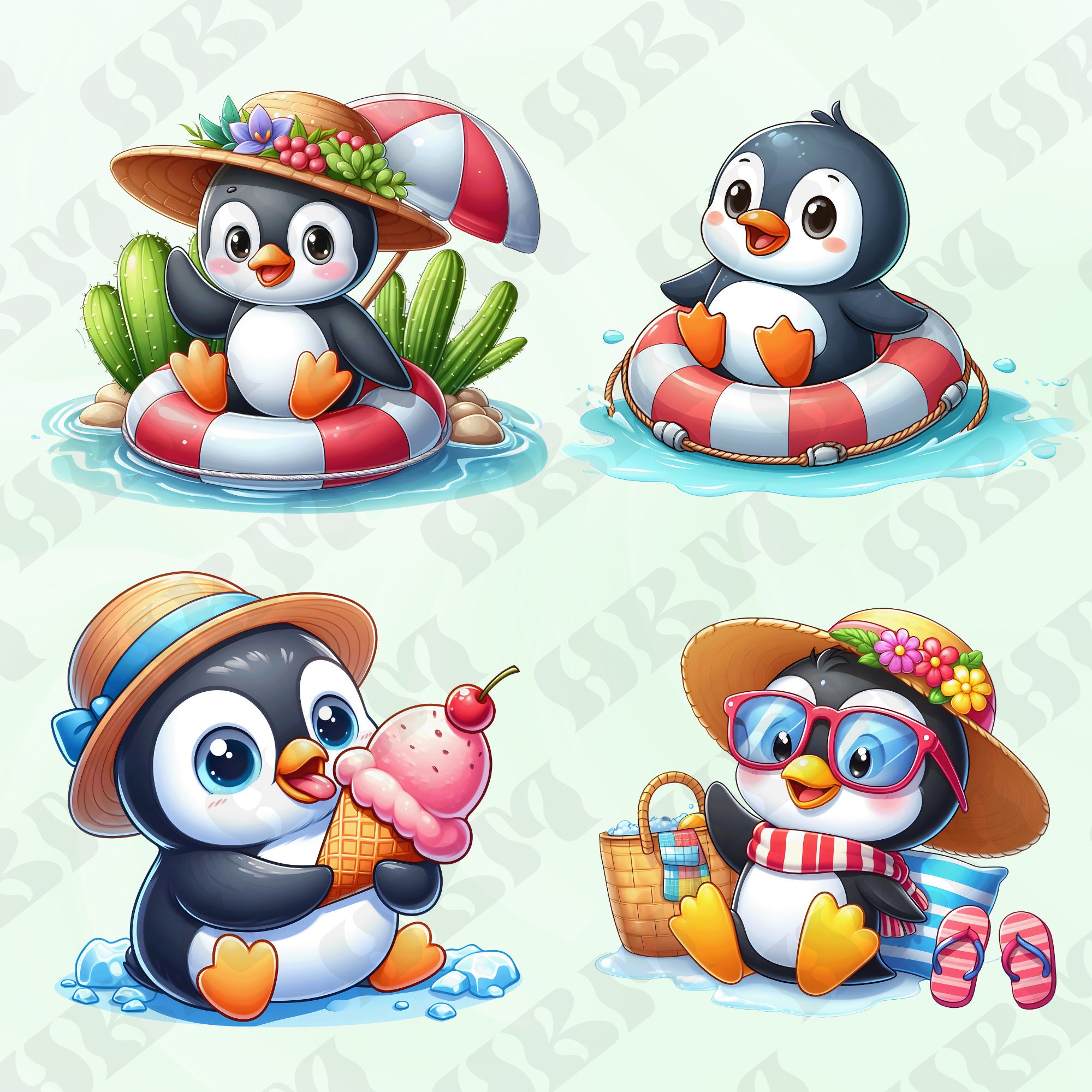 Cute Cartoon Summer Penguin Clipart Bundle, Surf Nursery Decor, Beach ...