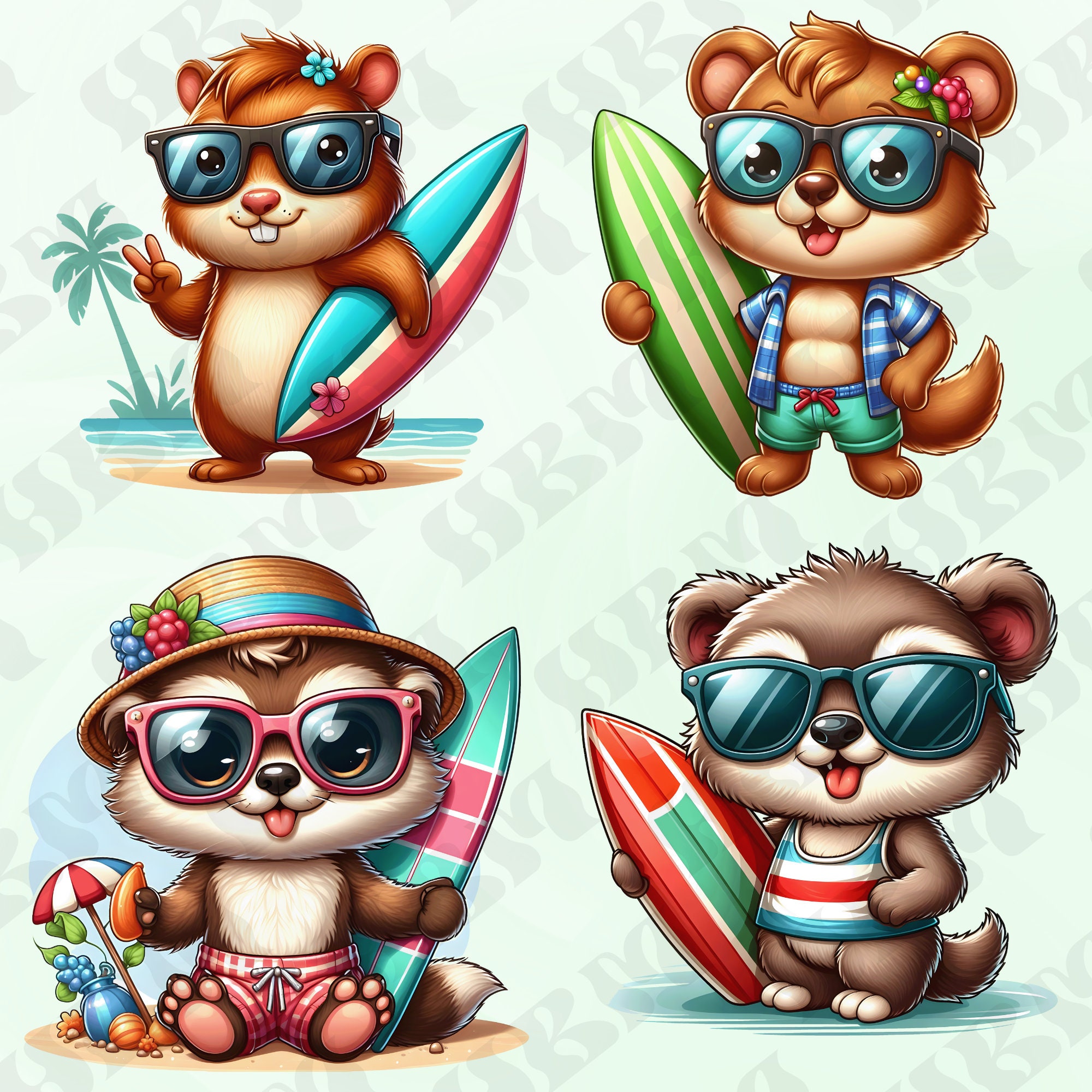 25 Cute Surfer Animals Clipart Bundle, Teddy Nursery Decor, Cat Baby ...