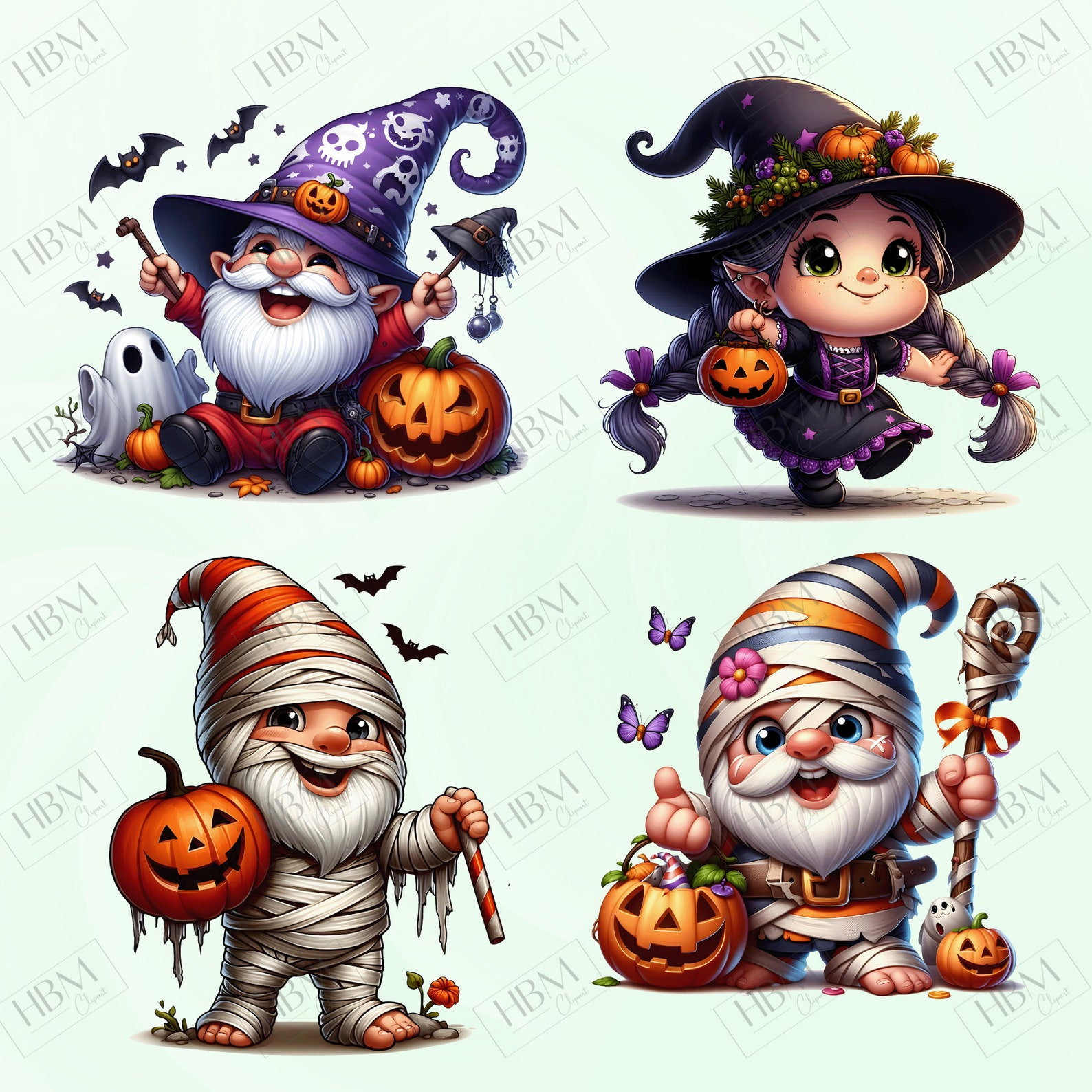 Spooky Cartoon Halloween Gnomes Clipart Bundle, Pumpkin Stickers ...