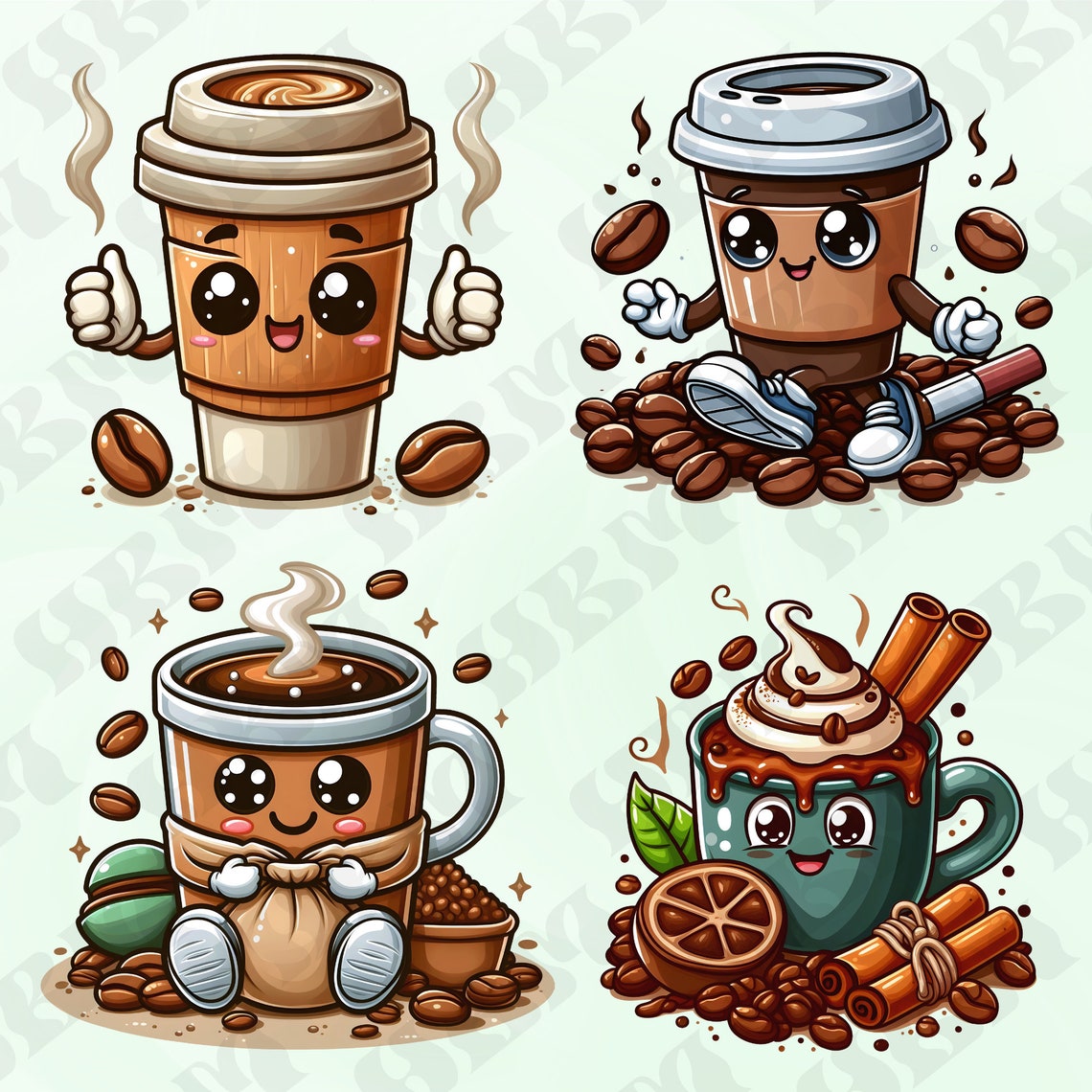 24 Cute Coffee Characters Clipart Bundle, Caffeine Card Making ...