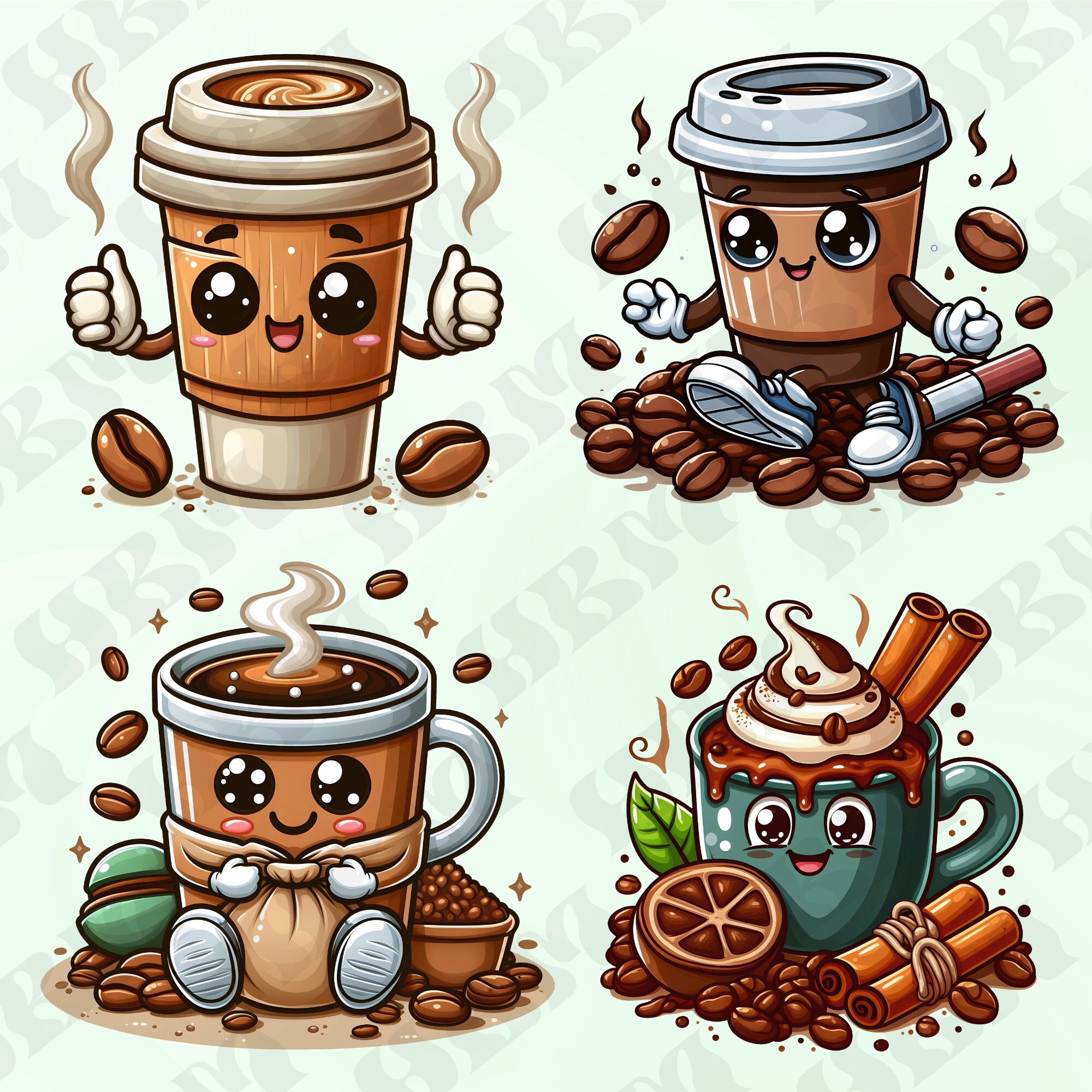 24 Cute Coffee Characters Clipart Bundle, Caffeine Card Making ...