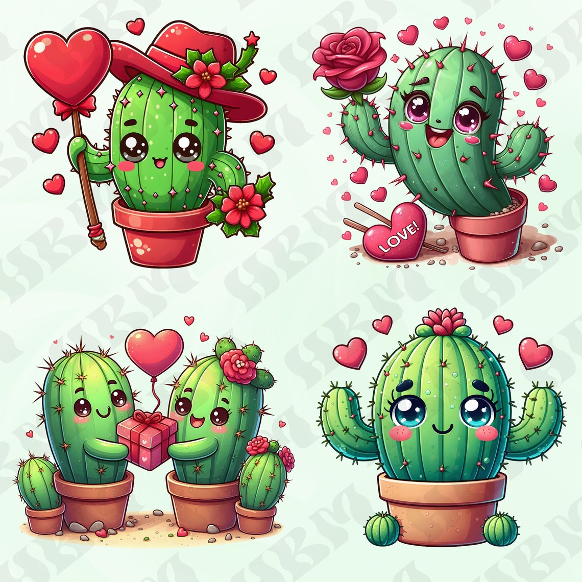 24 Cute Valentines Day Cactus Clipart Bundle, Cacti Card Making, Plant ...