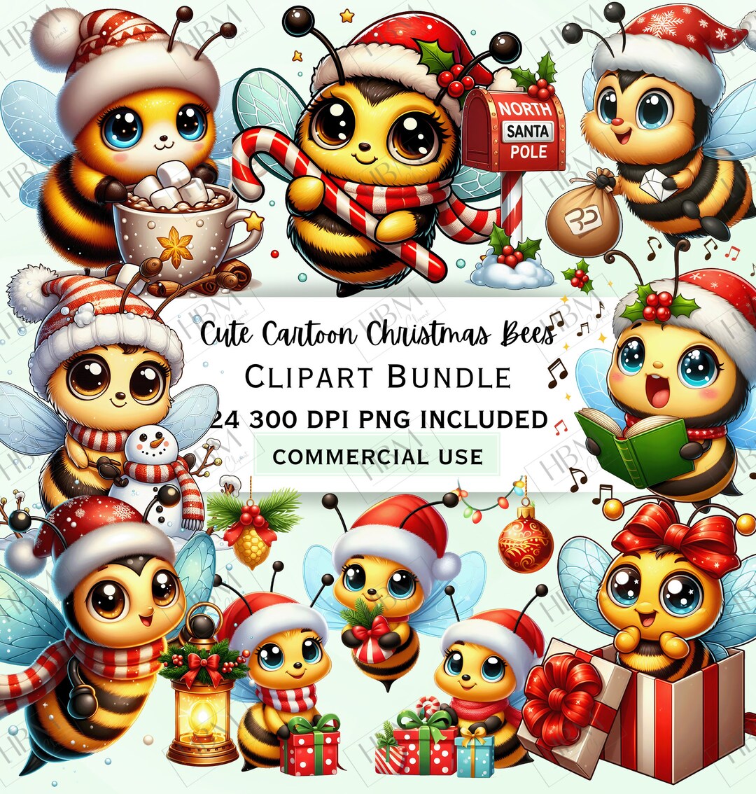 Cute Cartoon Christmas Bees Clipart Bundle, Festive Baby Animal Sticker ...