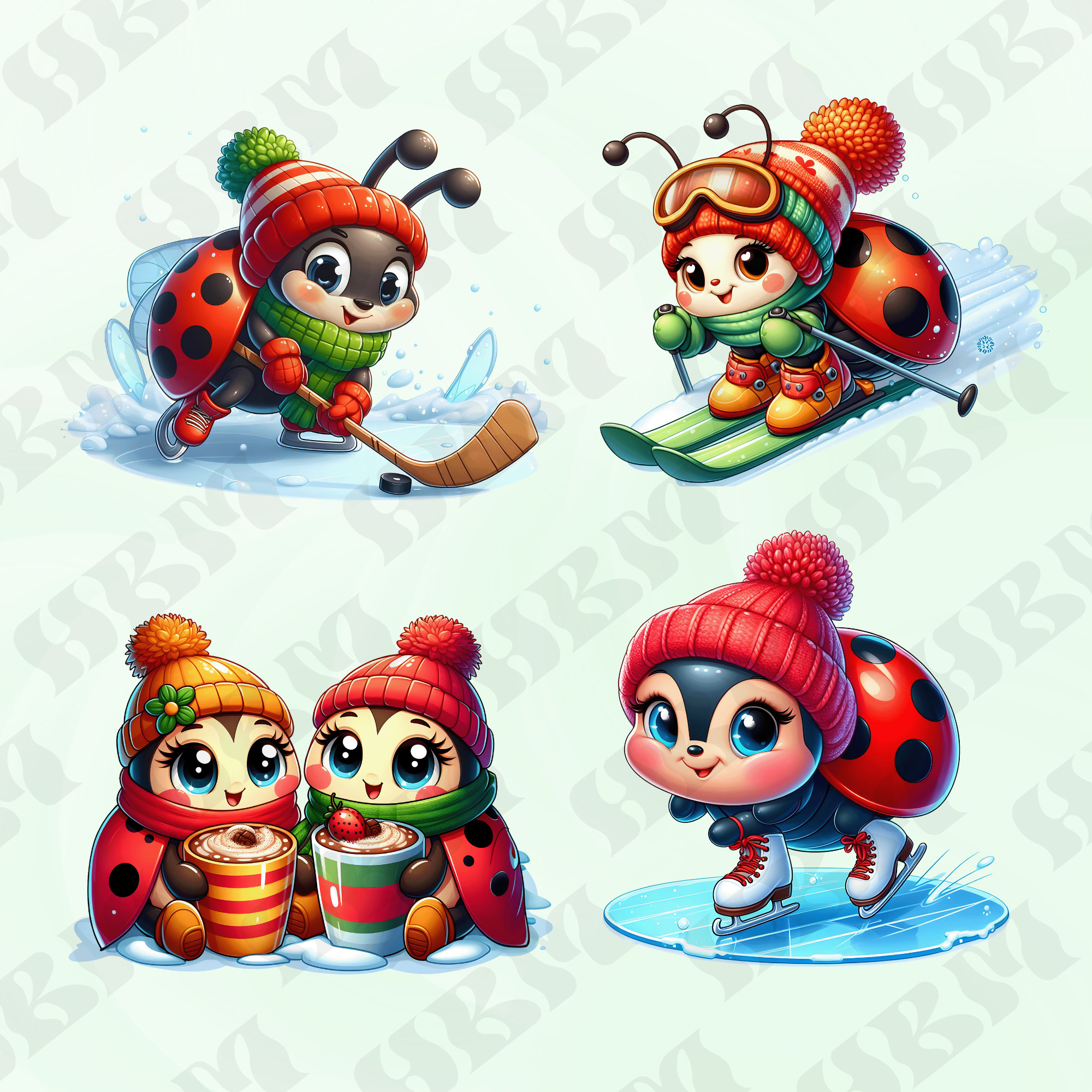 Cute Cartoon Winter Lady Bugs Clipart Bundle, Snow Nursery Decor, Cozy ...