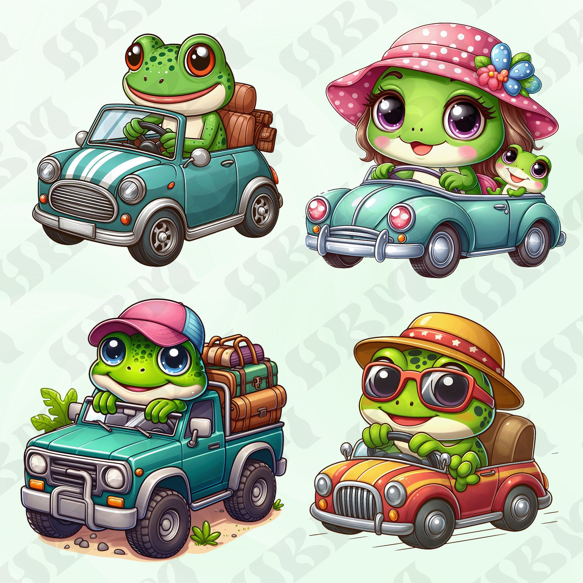 24 Cute Frogs Driving Cars Clipart Bundle, Tadpole Stickers, Adorable ...