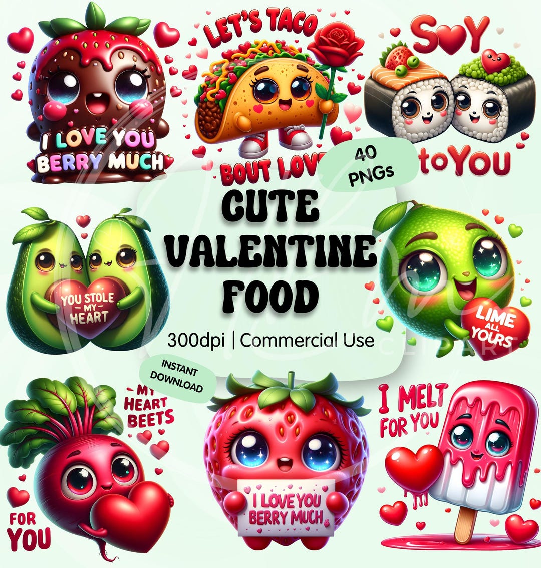 Cute Valentine Food Puns Clipart PNG Bundle, Humorous Food Sticker ...