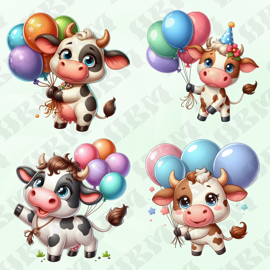 24 Cute Party Cow Clipart Bundle, Cartoon Balloon Sticker, Adorable ...