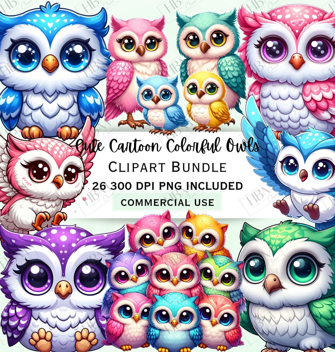 Cute Cartoon Colored Owls Clipart Bundle, Whimsical Character Stickers ...
