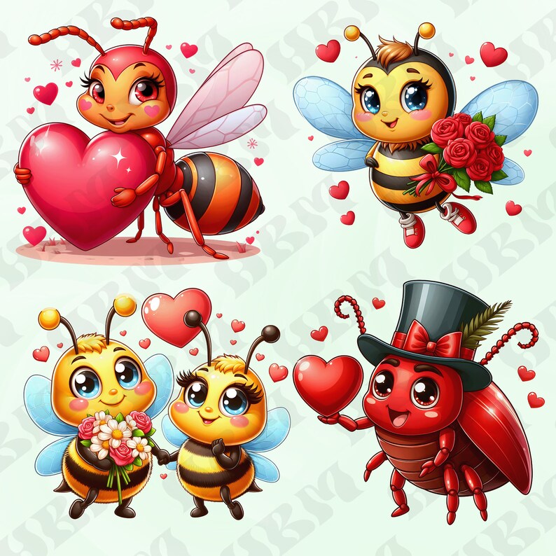 25 Cute Valentines Day Insects Clipart Bundle, Bee Cat Stickers ...