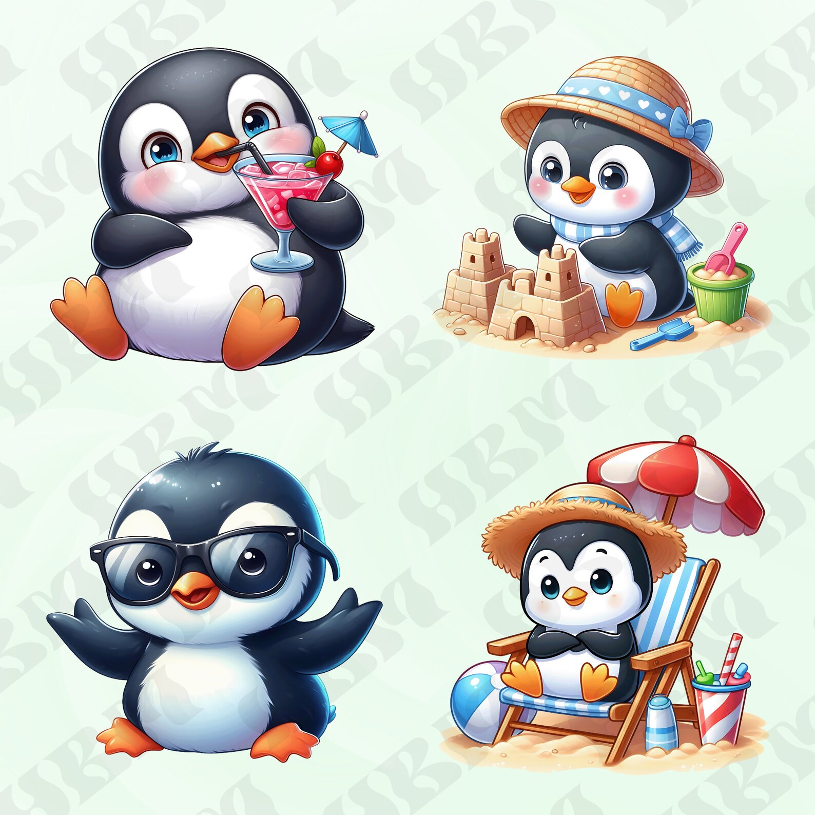 Cute Cartoon Summer Penguin Clipart Bundle, Surf Nursery Decor, Beach ...