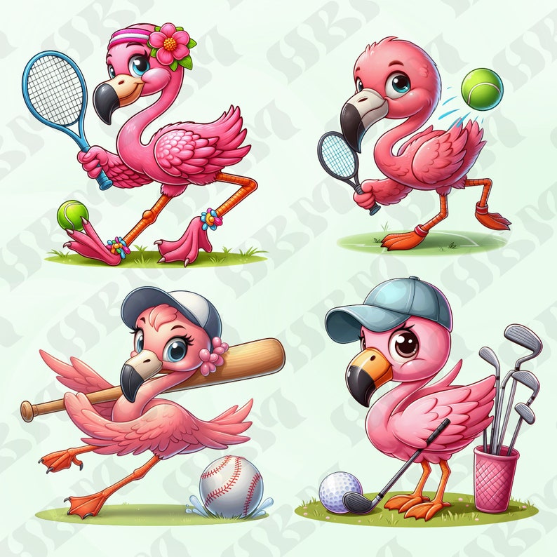 Cute Cartoon Sporty Flamingos Clipart Bundle, Bird Nursery Decor ...