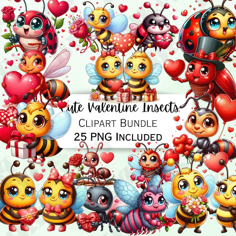 25 Cute Valentines Day Insects Clipart Bundle, Bee Cat Stickers ...