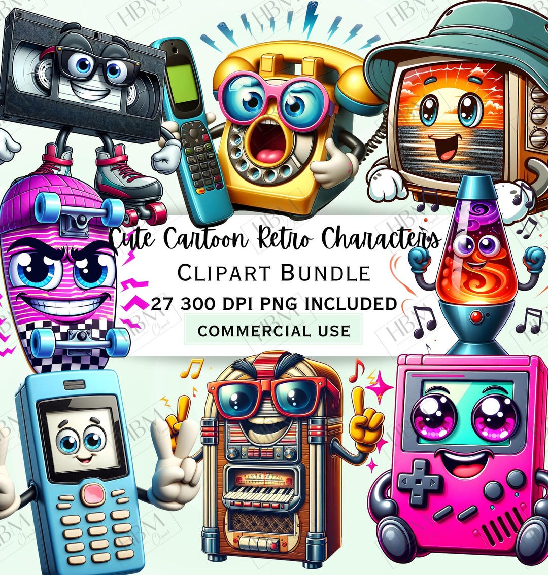 Retro Cartoon Characters Clipart Bundle, Cute 80s Nostalgic PNG ...