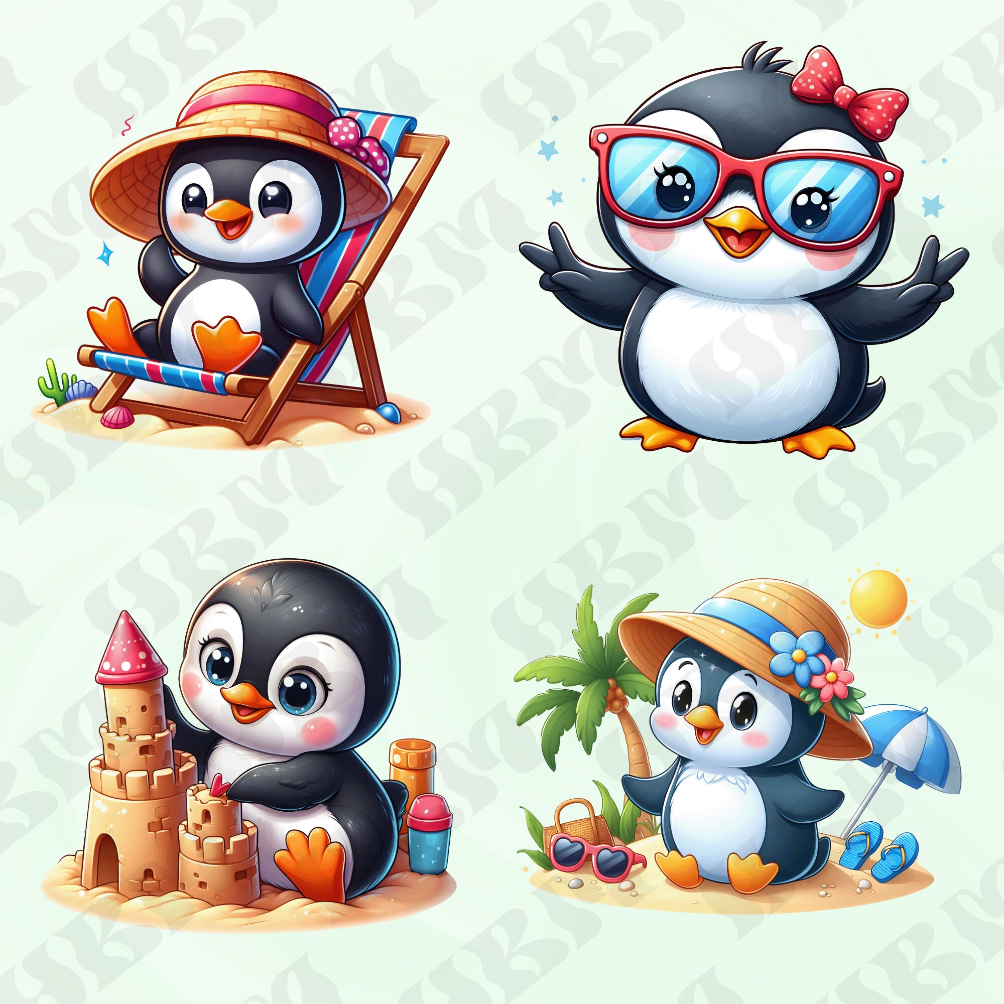 Cute Cartoon Summer Penguin Clipart Bundle, Surf Nursery Decor, Beach ...