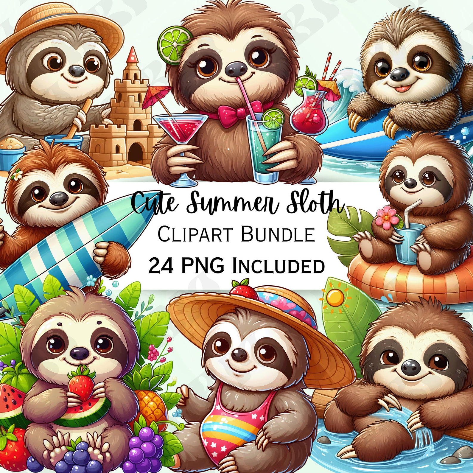Cute Cartoon Summer Sloth Clipart Bundle, Surf Nursery Decor, Beach ...