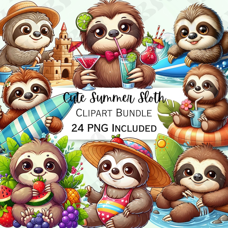 Cute Cartoon Summer Sloth Clipart Bundle, Surf Nursery Decor, Beach ...