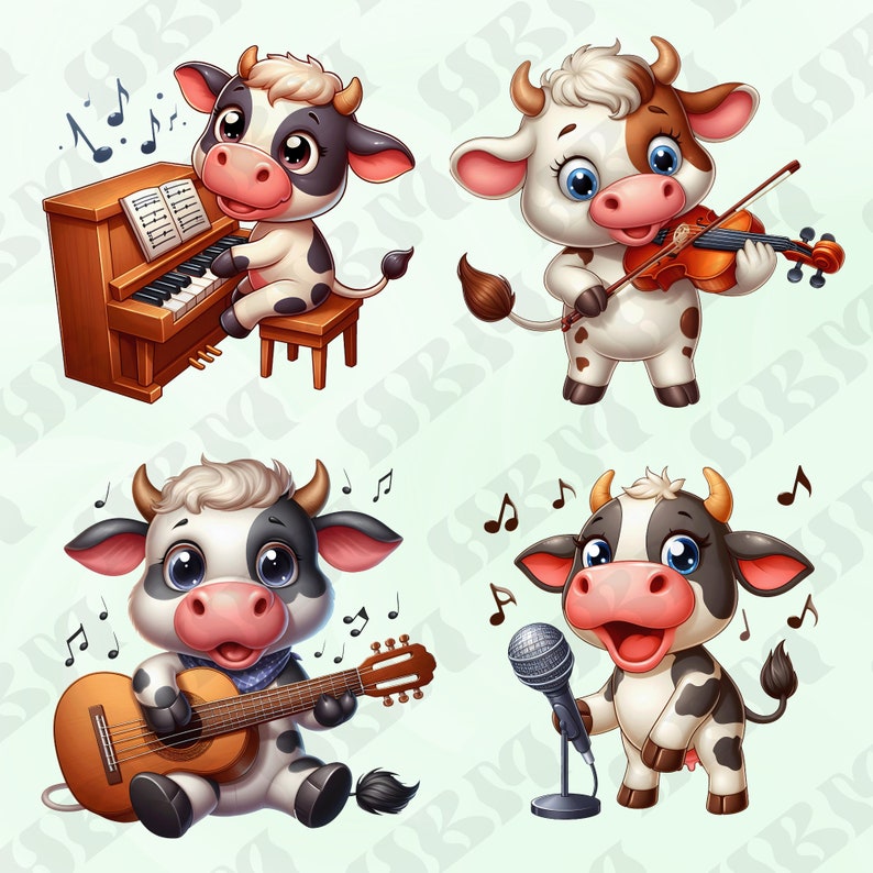 24 Cute Cartoon Cows Playing Instruments Clipart Bundle, Bull Stickers ...