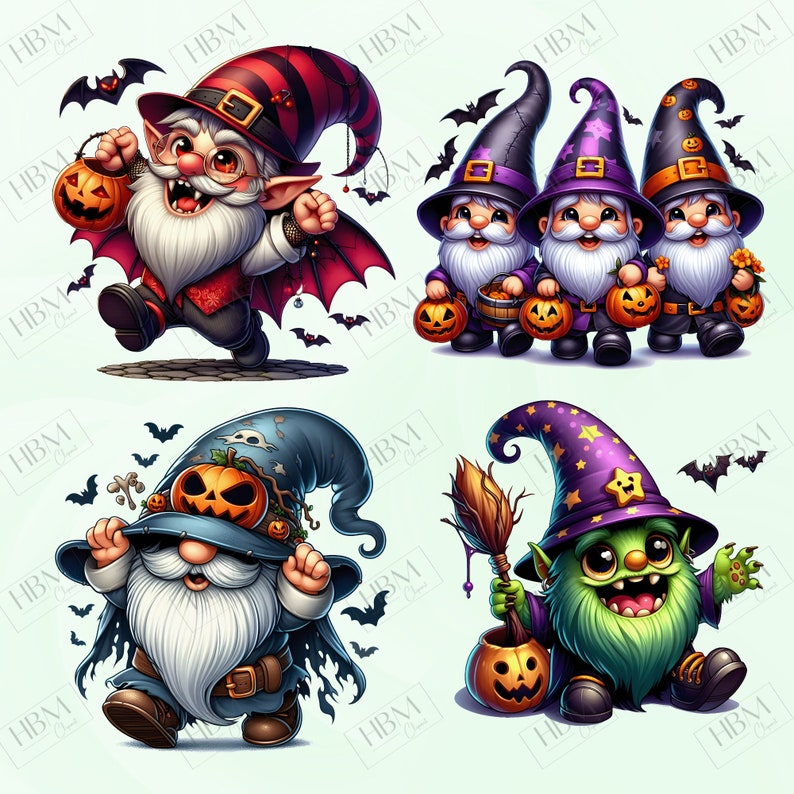 Spooky Cartoon Halloween Gnomes Clipart Bundle, Pumpkin Stickers ...