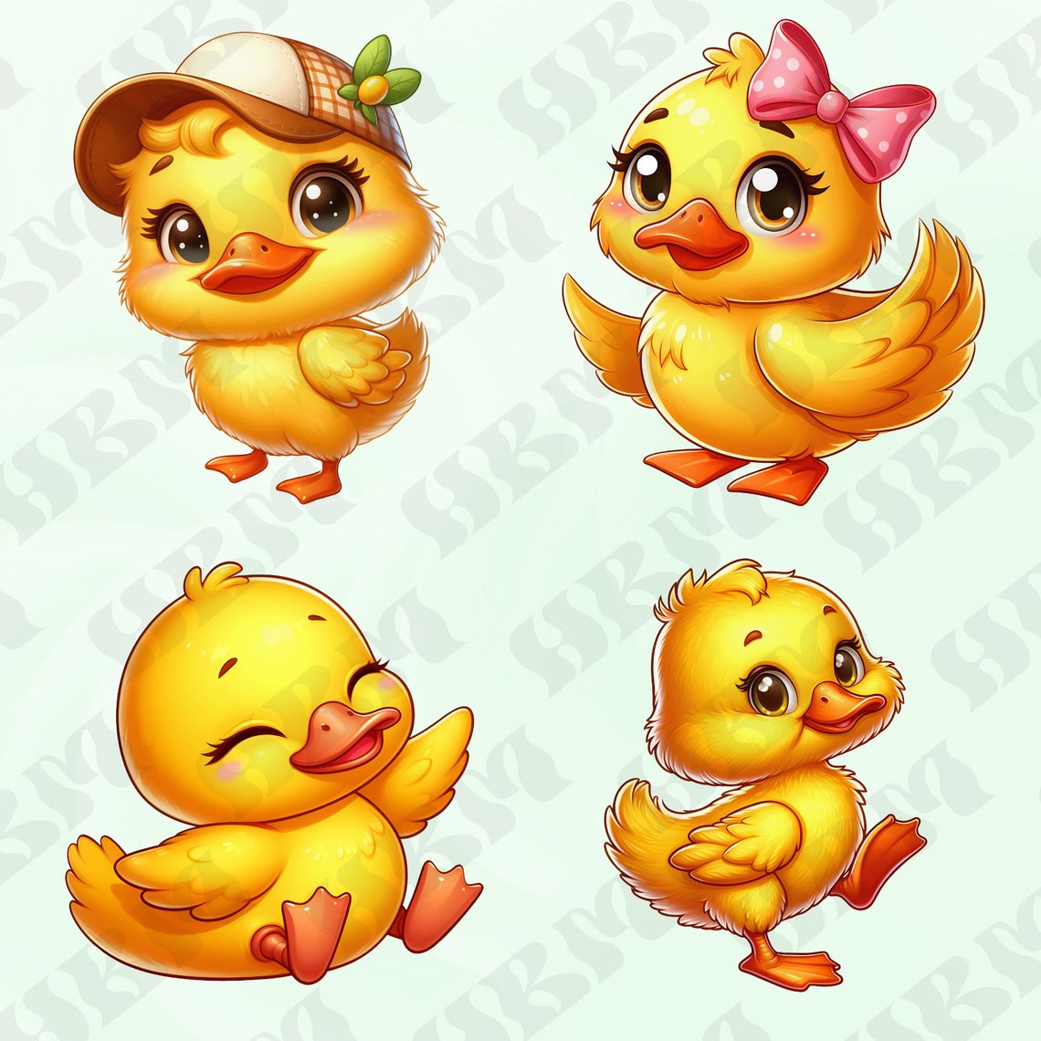 Cute Yellow Ducks Cartoon Clipart Bundle, Bird Stickers, Adorable Baby ...