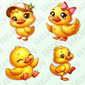 Cute Yellow Ducks Cartoon Clipart Bundle, Bird Stickers, Adorable Baby ...