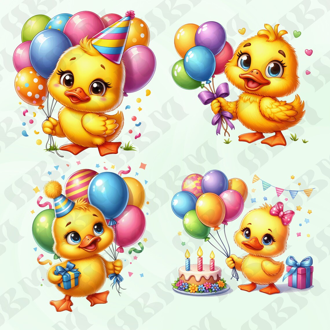 Cute Party Yellow Ducks Clipart Bundle, Cartoon Balloon Sticker ...