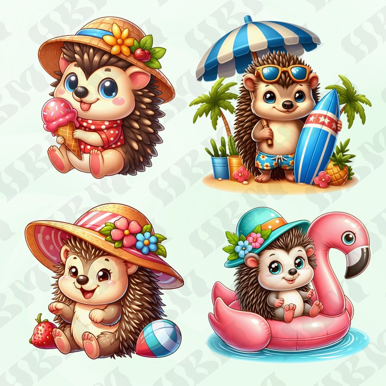 Cute Cartoon Hedgehogs Summer Clipart Bundle, Surf Nursery Decor, Beach ...