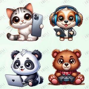 Cute Cartoon Tech Animals Clipart Bundle, Whimsical Gadgets Stickers ...