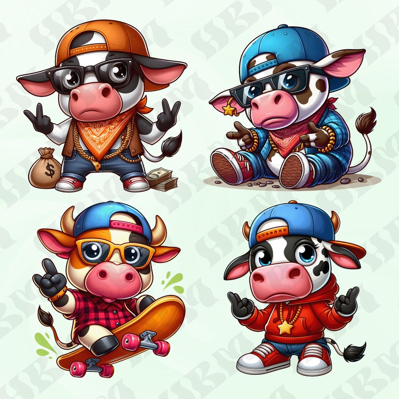 Cute Cartoon Gangsta Cows Clipart Bundle, Funny Attitude Sticker ...