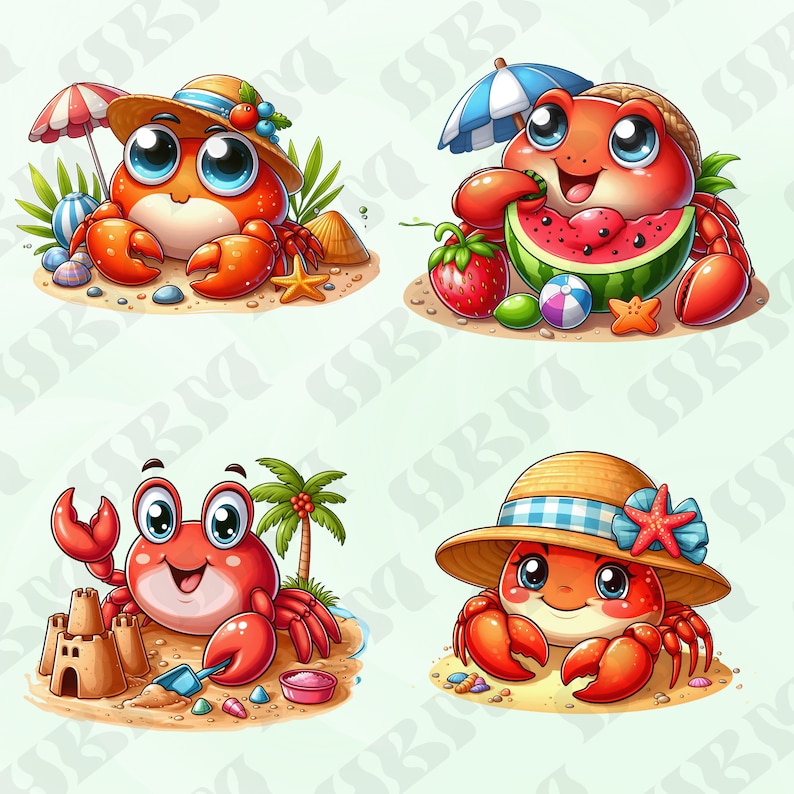 Cute Cartoon Summer Crabs Clipart Bundle, Surf Nursery Decor, Beach ...