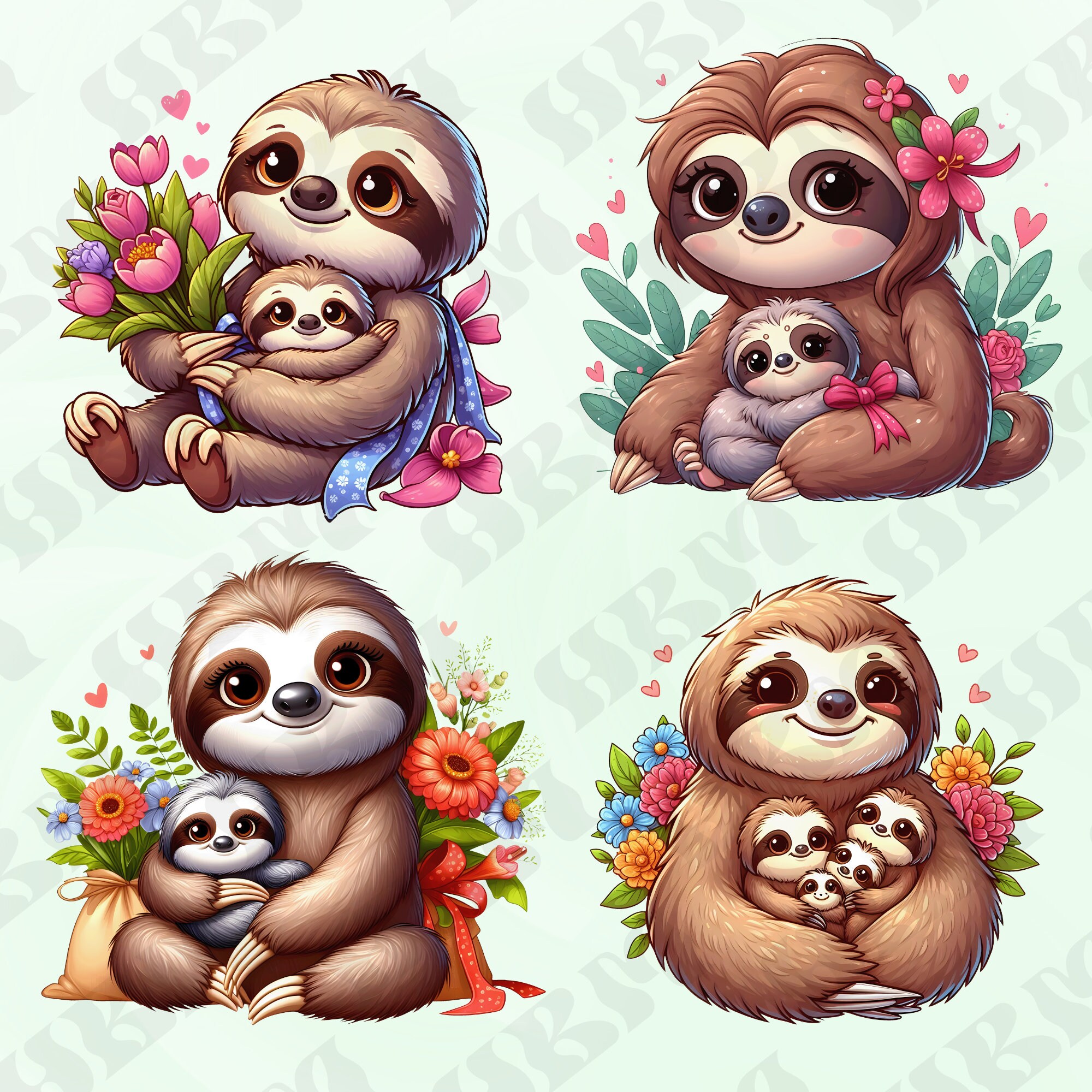 24 Cute Mother's Day Sloths Clipart Bundle, Cartoon Balloon Sticker ...