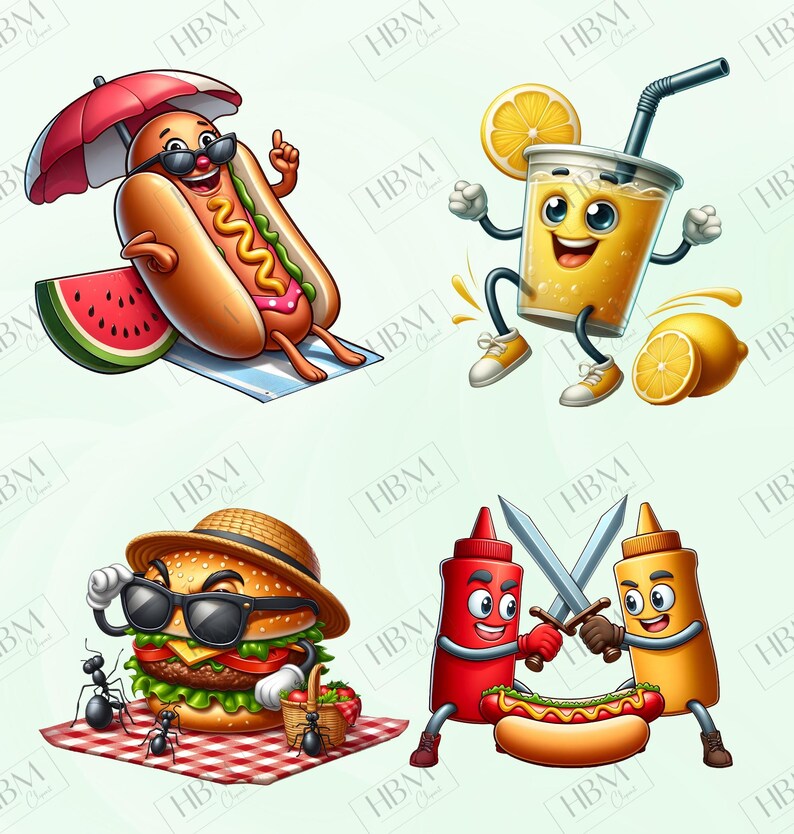 Funny Picnic Food Clipart Bundle, Cartoon BBQ Snacks PNG, Quirky Summer ...
