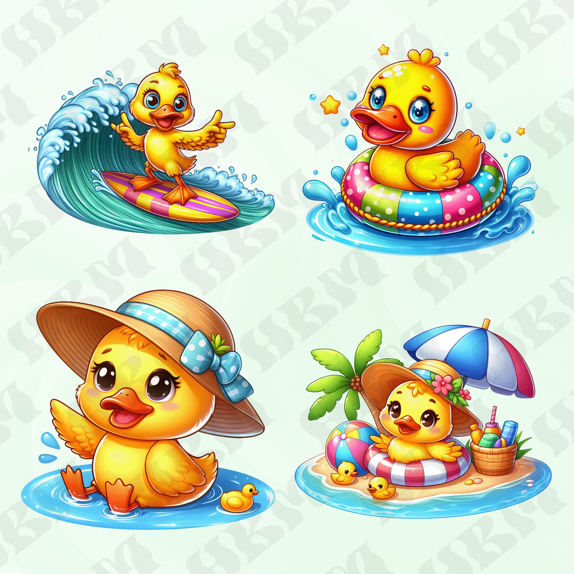 Summer Yellow Ducks Cartoon Clipart Bundle, Cute Bird Stickers ...