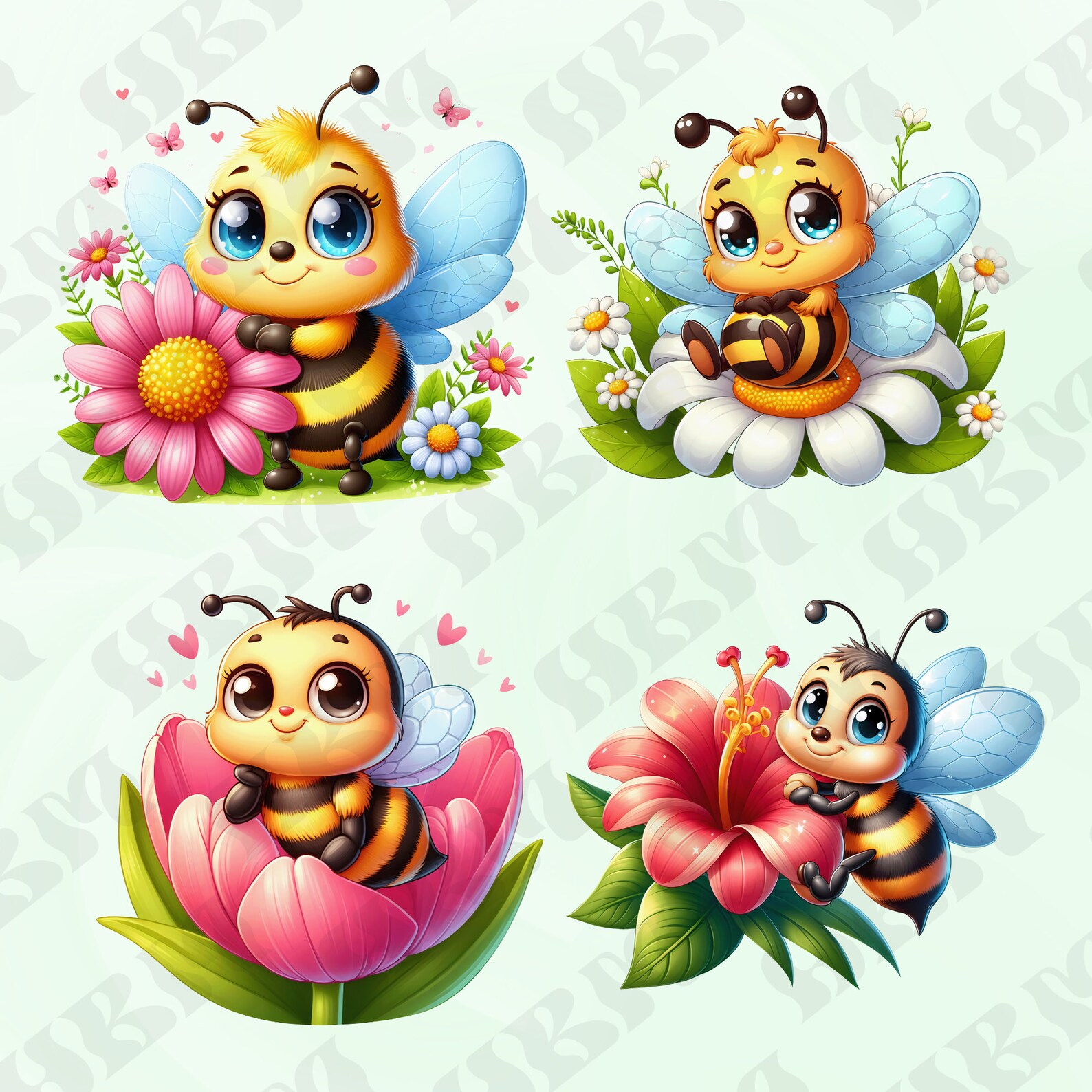 24 Cute Cartoon Spring Bees Clipart Bundle, Daisies Nursery Decor, Flowers Baby Wall Art, Insect ...