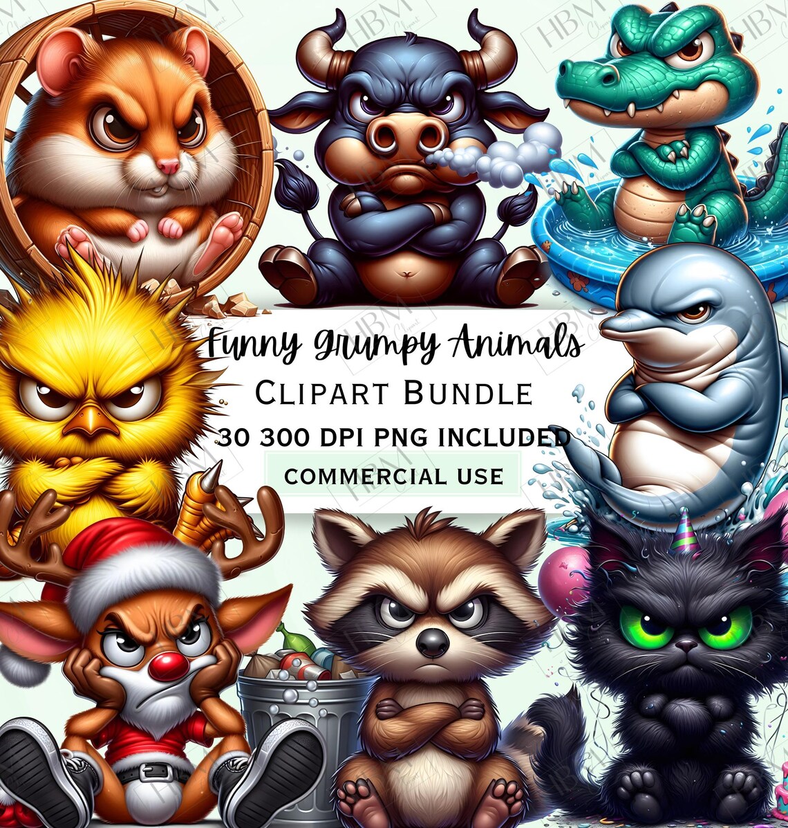 Grumpy Animal Clipart Bundle, Funny Angry Creatures PNG, Moody ...