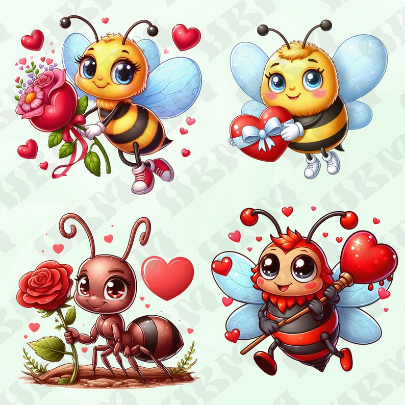 25 Cute Valentines Day Insects Clipart Bundle, Bee Cat Stickers ...