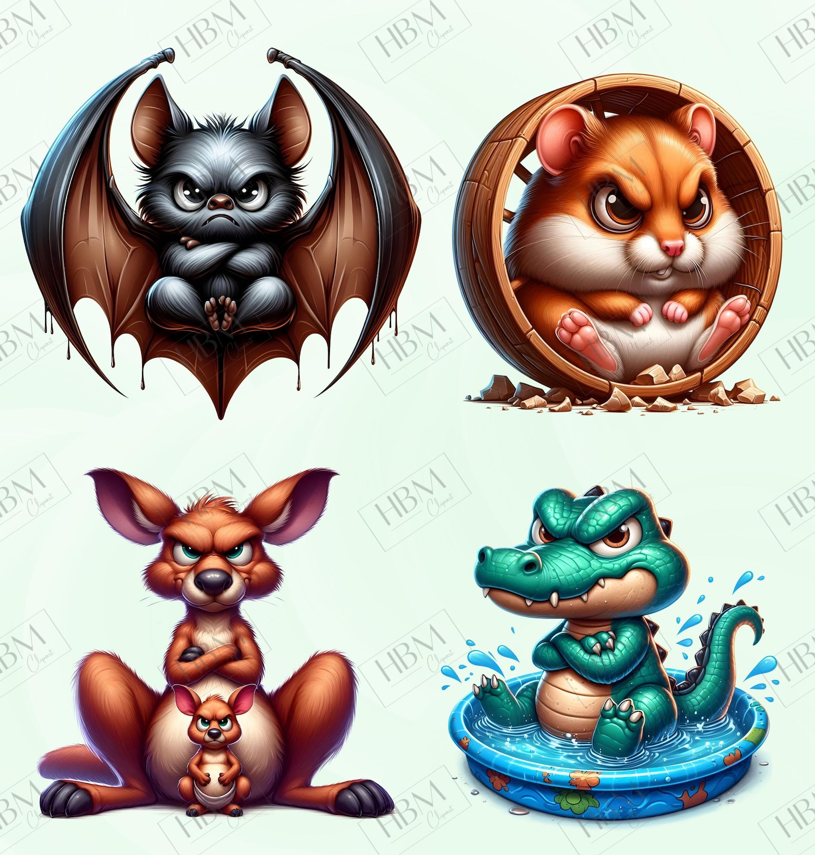 Grumpy Animal Clipart Bundle, Funny Angry Creatures PNG, Moody ...