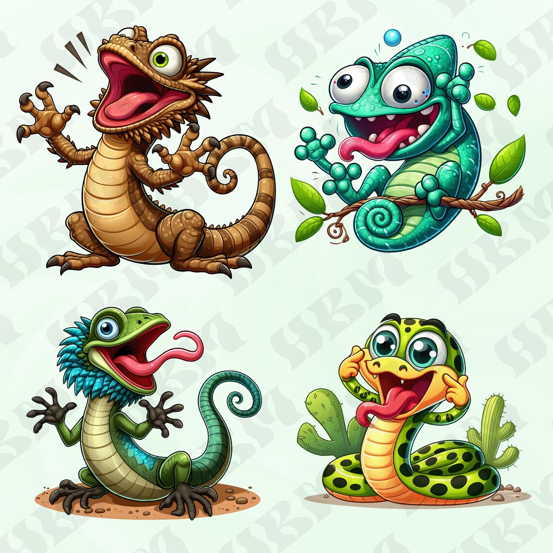 Cute Funny Cartoon Reptiles Clipart Bundle, Bee Sticker, Adorable ...