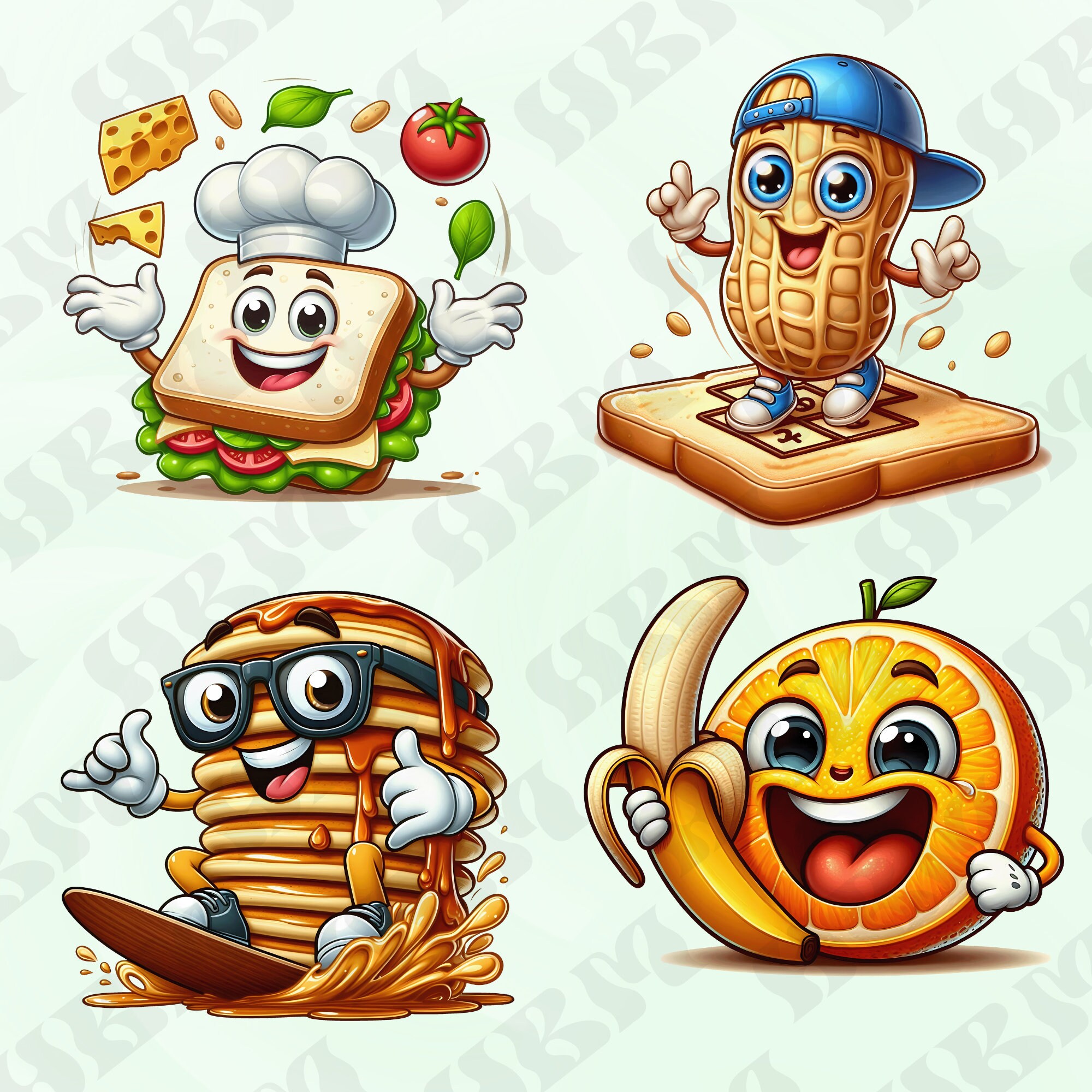 Cute Cartoon Food Characters Clipart Bundle, Kawaii Fruit Sticker ...