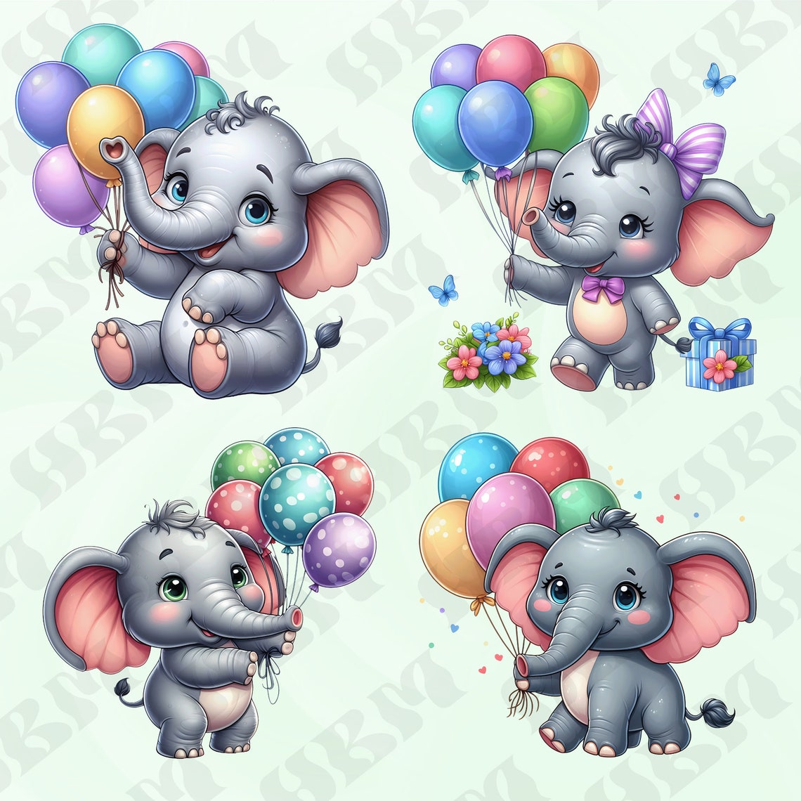 24 Cute Party Elephant Clipart Bundle, Cartoon Balloon Stickers ...