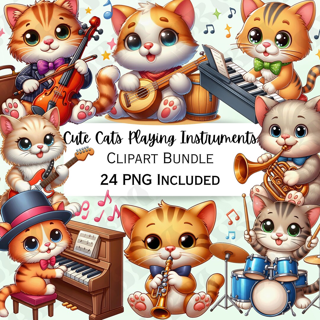 24 Cute Cartoon Cats Playing Instruments Clipart Bundle, Kitten ...