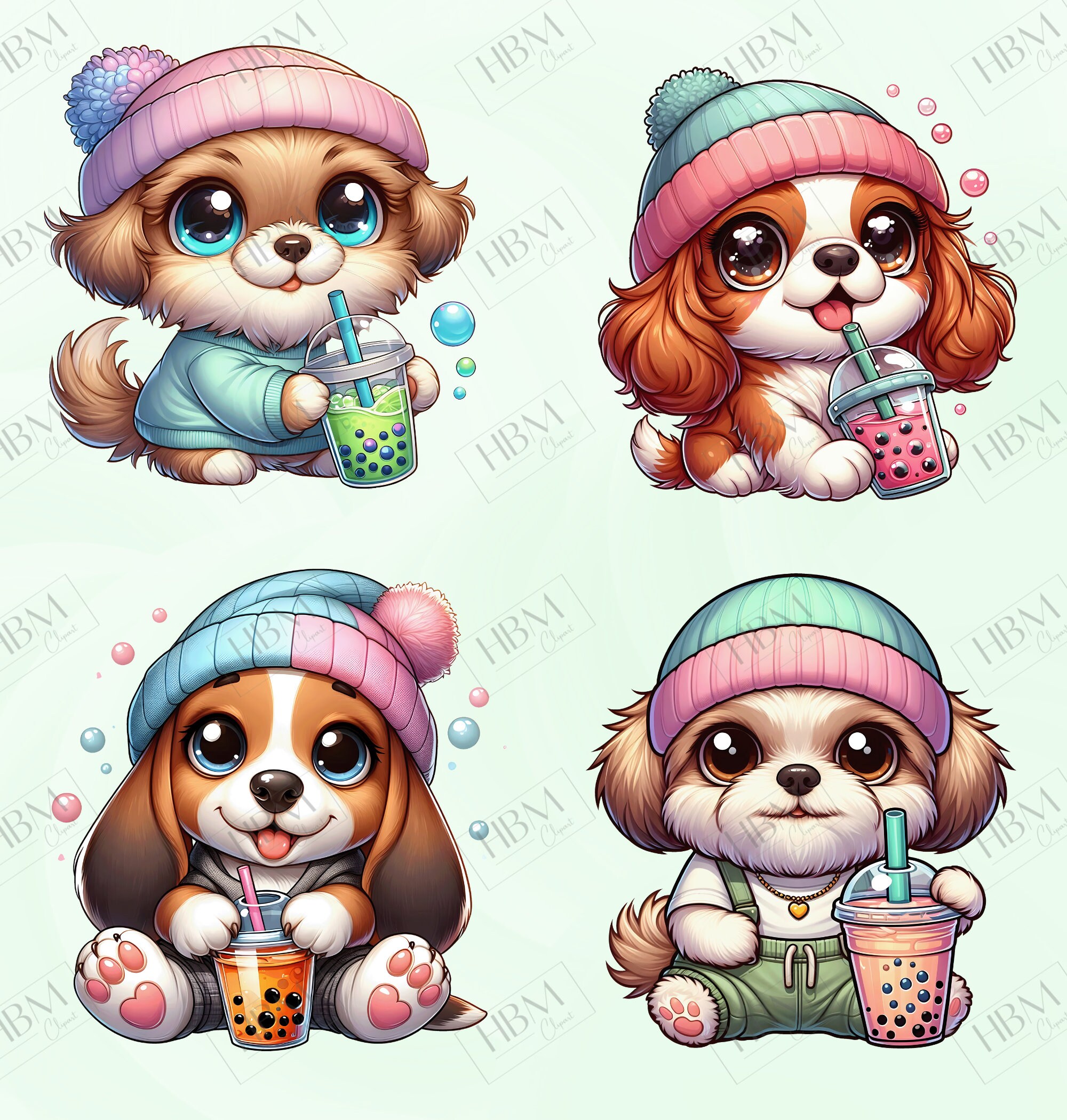 Cute Bubble Tea Puppies Clipart Bundle, Cartoon Boba Tea Nursery Decor ...