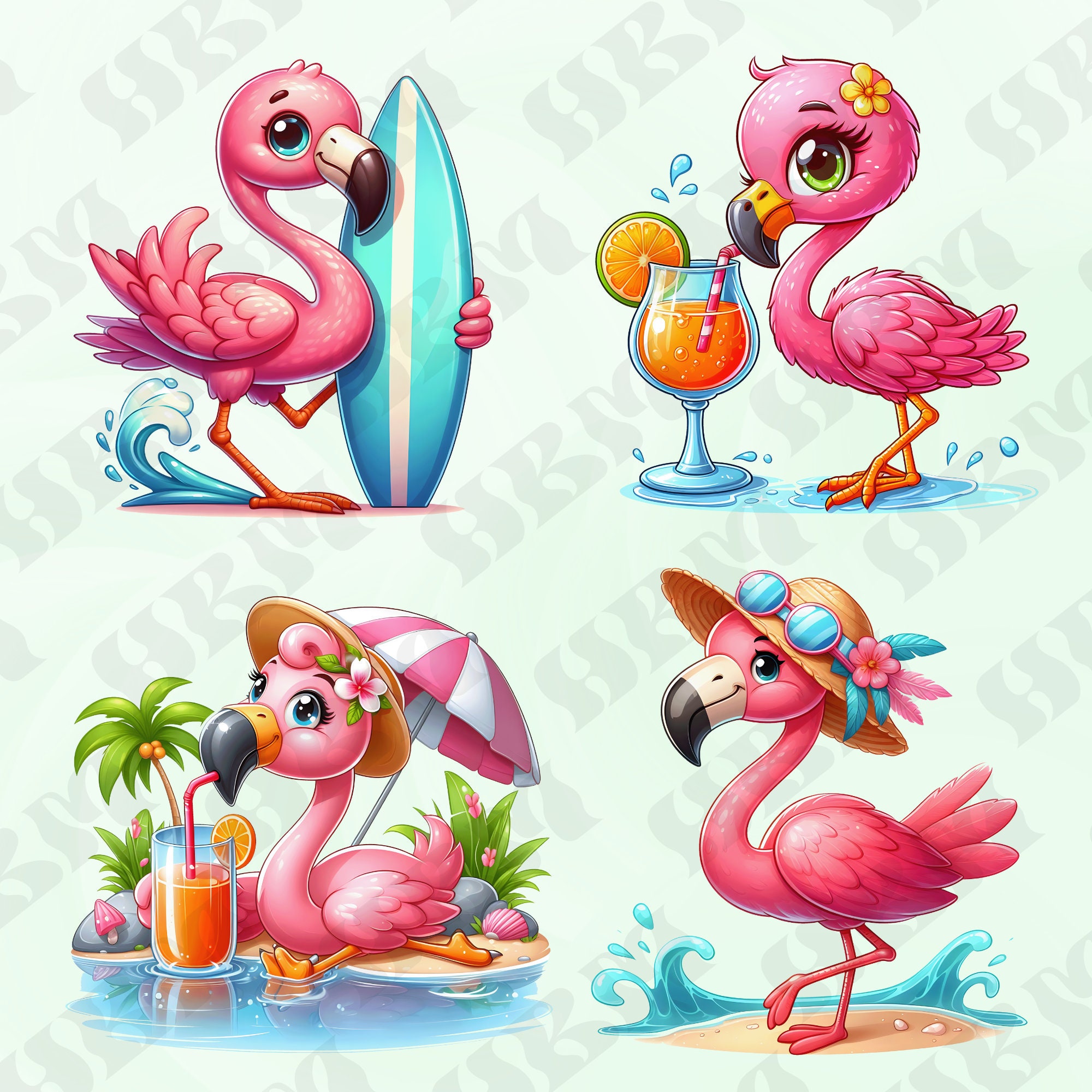 24 Cute Cartoon Flamingo Summer Clipart Bundle, Surf Nursery Decor ...