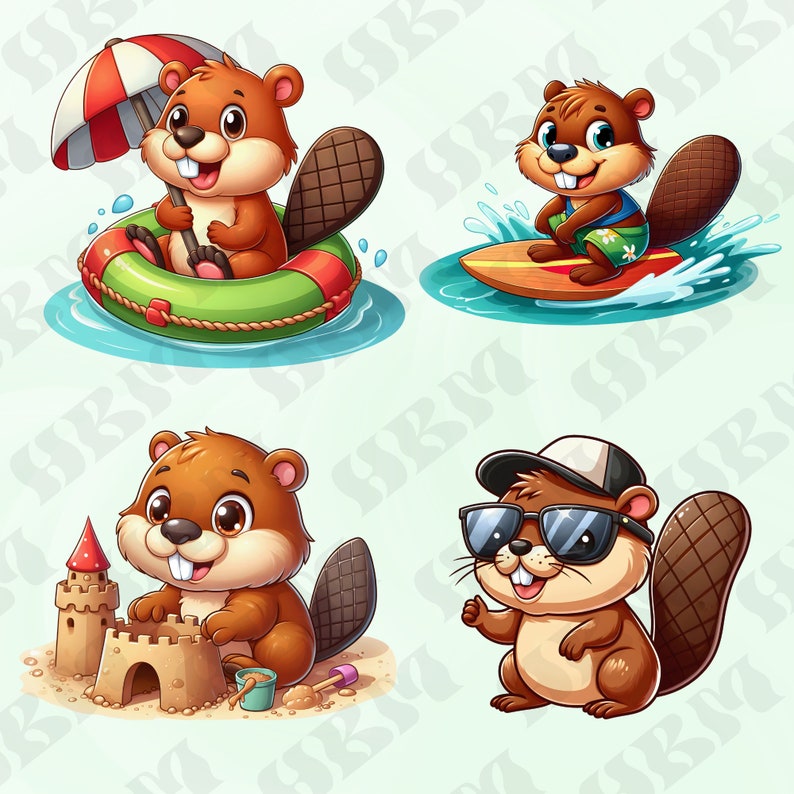 Cute Cartoon Summer Beaver Clipart Bundle, Surf Nursery Decor, Beach ...