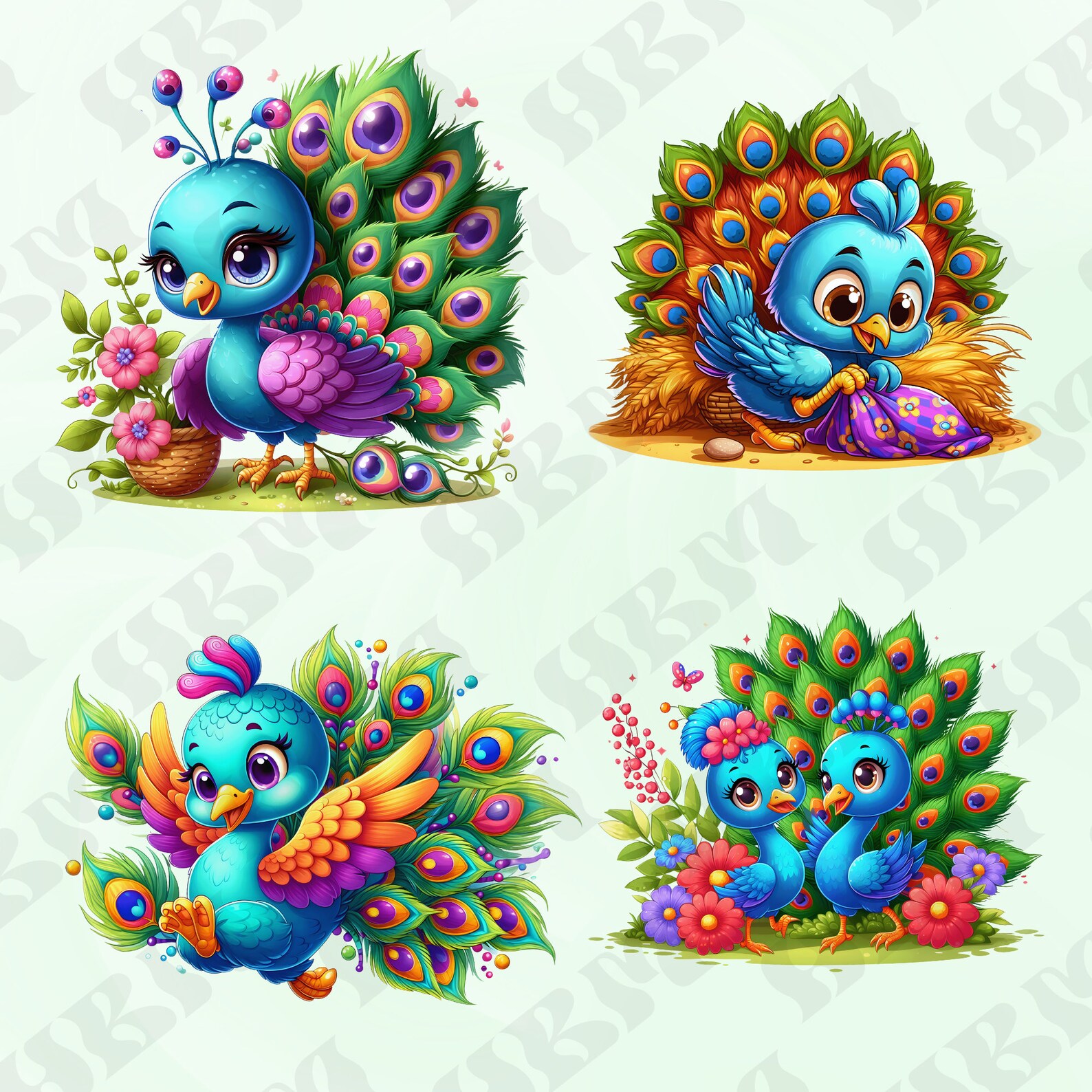 Cute Cartoon Peacocks Clipart Bundle, Wildlife Stickers, Adorable Baby ...